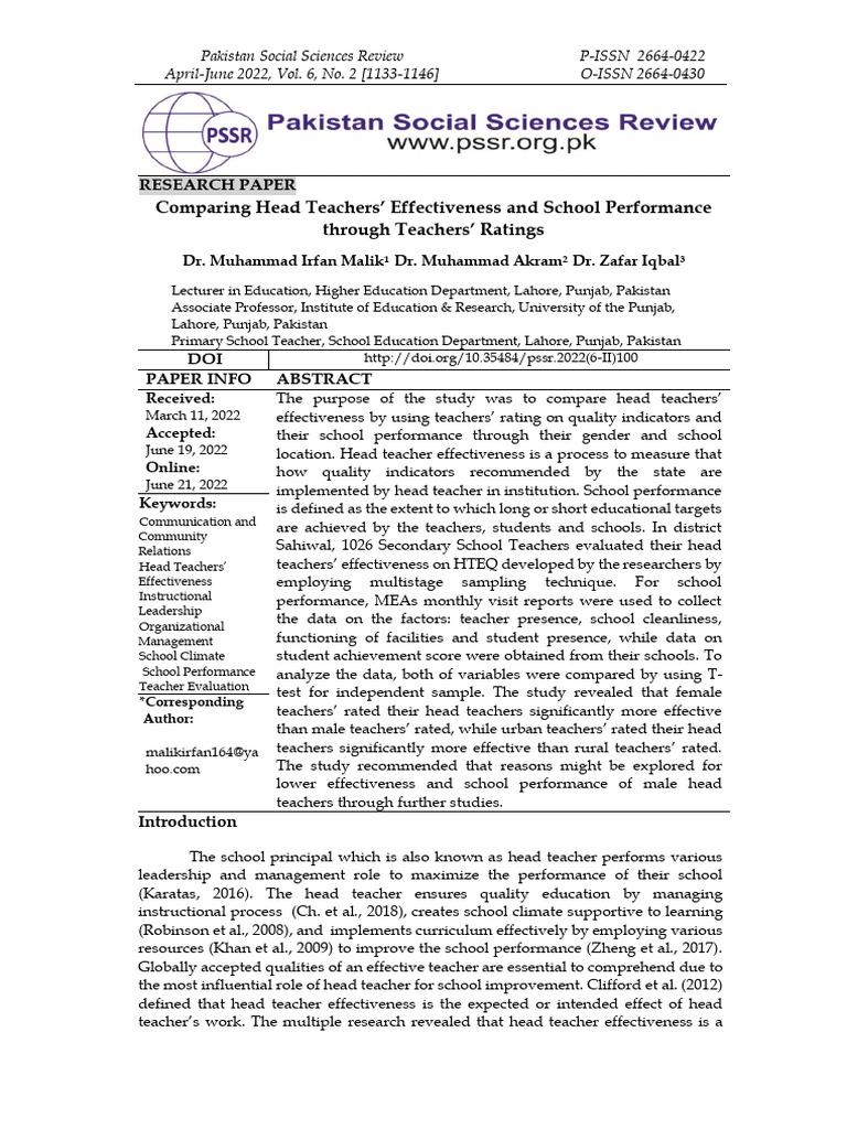 Comparing Head Teachers Effectiveness and School Performance Through ...