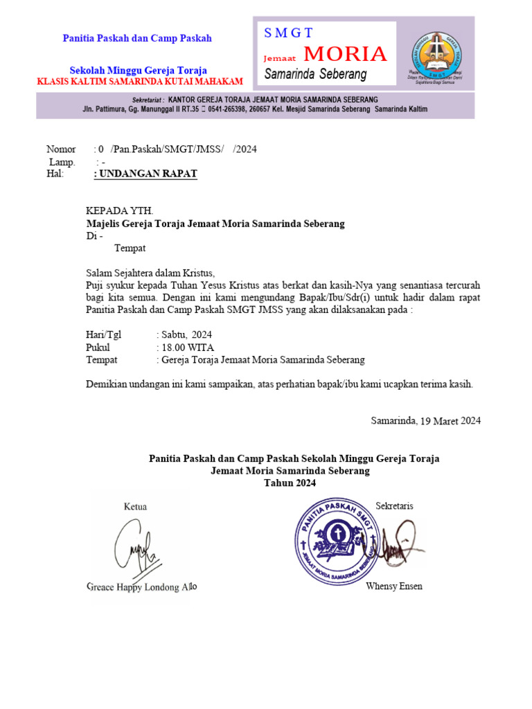 Undangan Rapat Untuk Majelis Gereja Toraja JMSS-1 | PDF