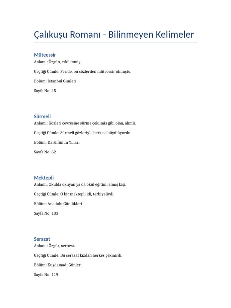 Calikusu Bilinmeyen Kelimeler | PDF