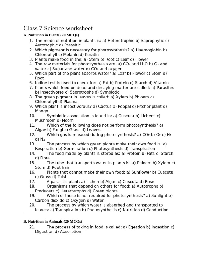 Class 7 Science Worksheet | PDF | Digestion | Stomach