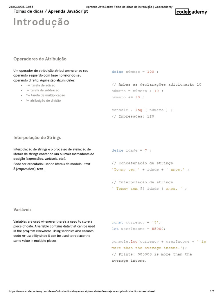 Aprenda JavaScript - Folha de Dicas de Introdução - Codecademy | PDF ...