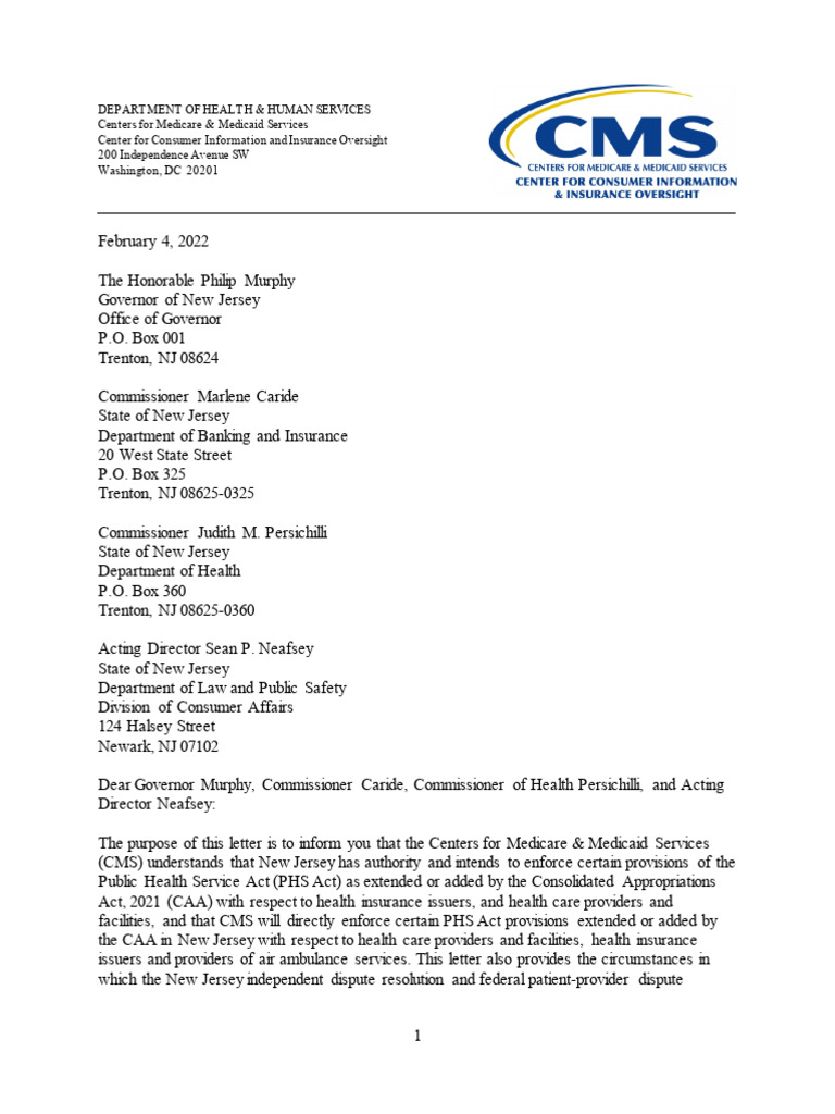 CMS Letter To NJ On CAA Enforcement and Dispute Resolution | PDF | Insurance | Health Insurance ...