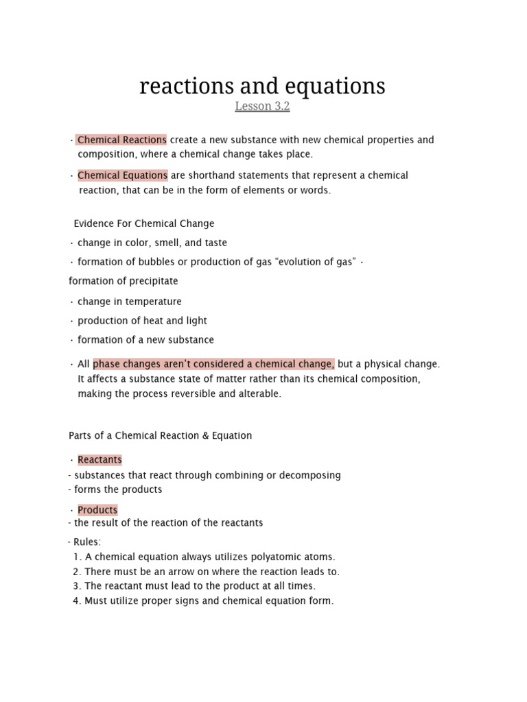 Chemical Reactions & Equations - Lesson 3.2 | PDF | Chemical Reactions ...