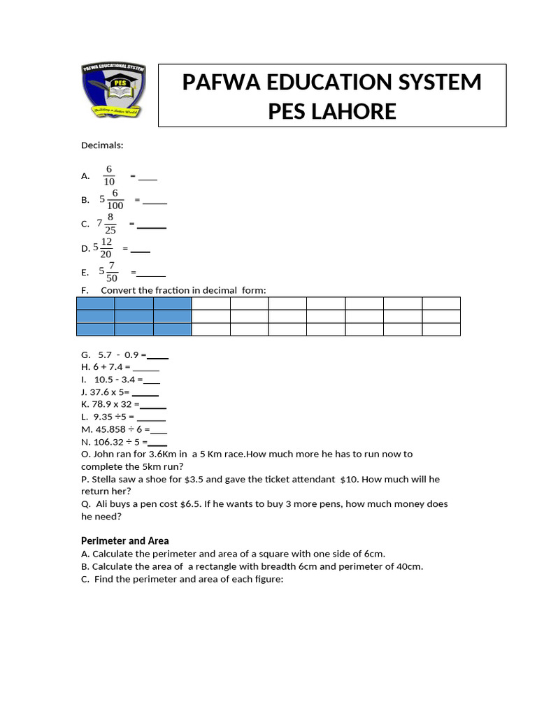 Grade 4 Mathematics Practice Worksheet | PDF