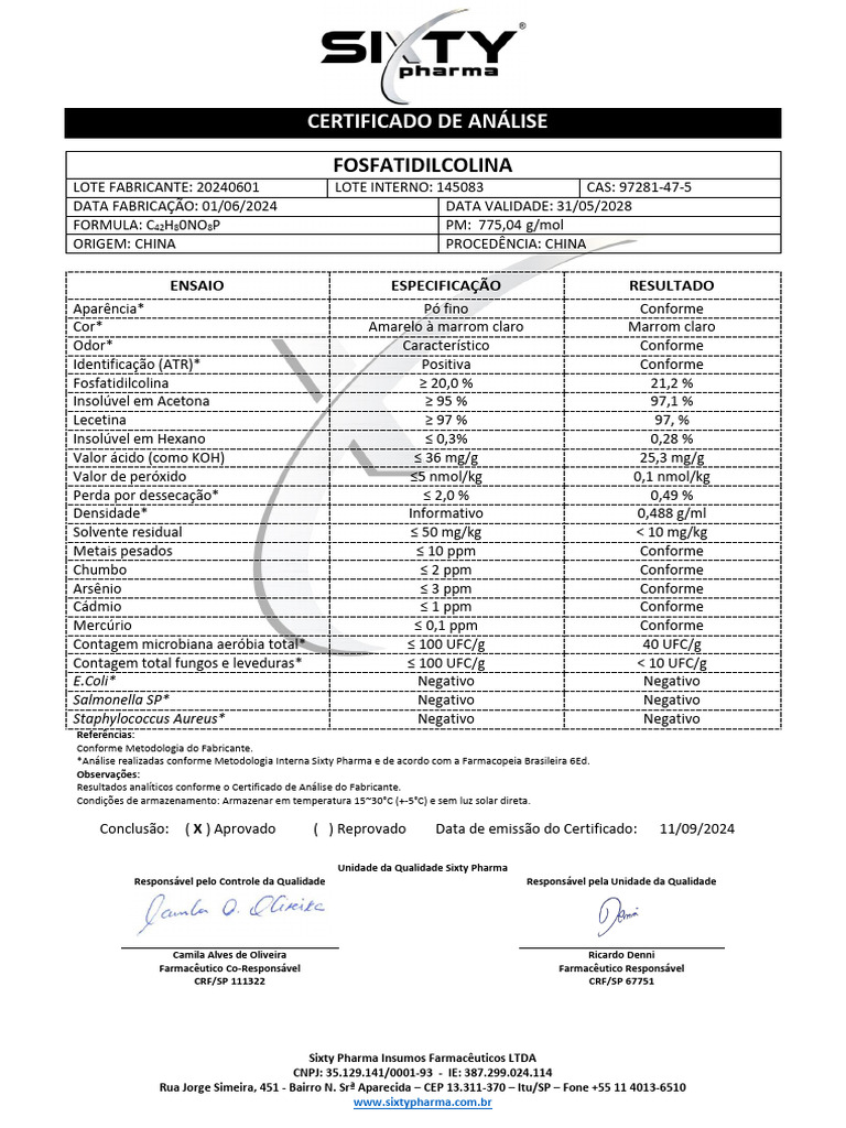 Fosfatidilcolina - 20240601 (2) | PDF | Substancias químicas | Misturas químicas homogêneas