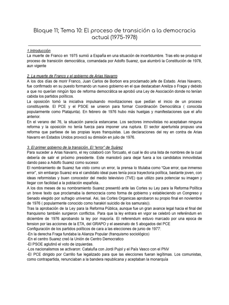 Bloque 11 Tema 10 El Proceso De Transicion A La Democracia Actual