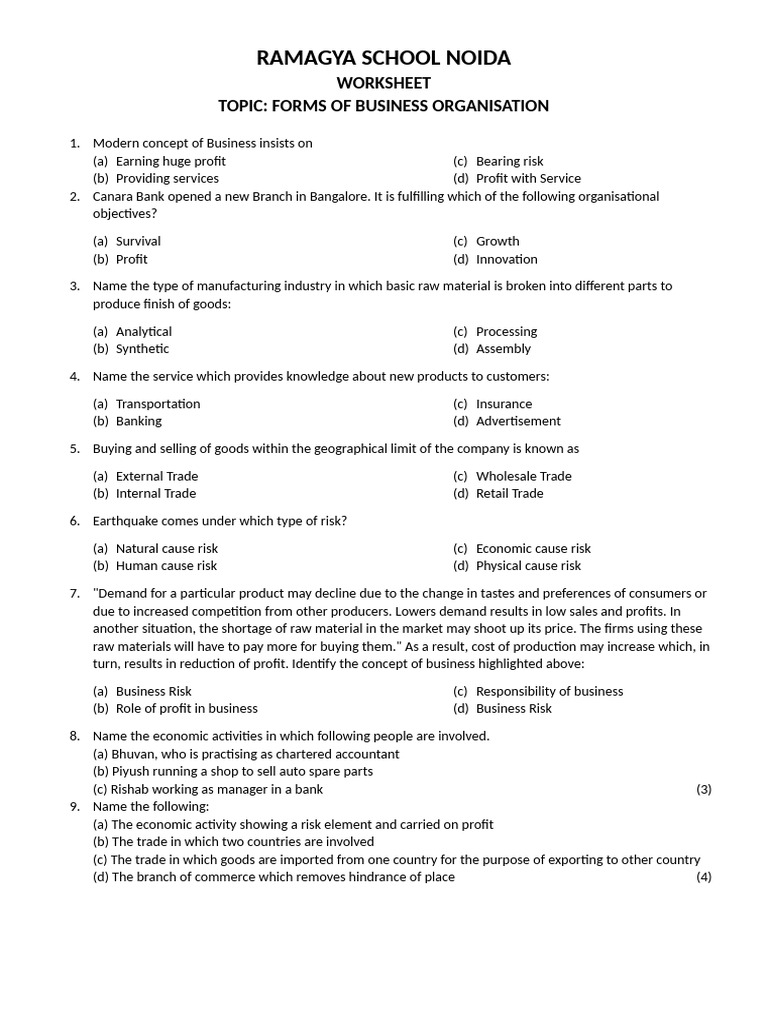 XI Weekly Worksheet 1 Business Studies | PDF | Profit (Economics ...