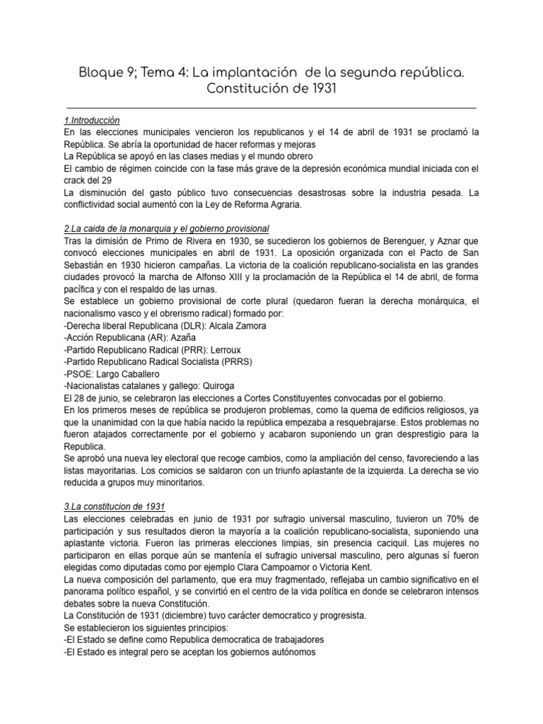 Bloque 9 Tema 4 - La Implantacion de La Segunda Republica. Constitucion de 1931 | PDF | Ciencias ...