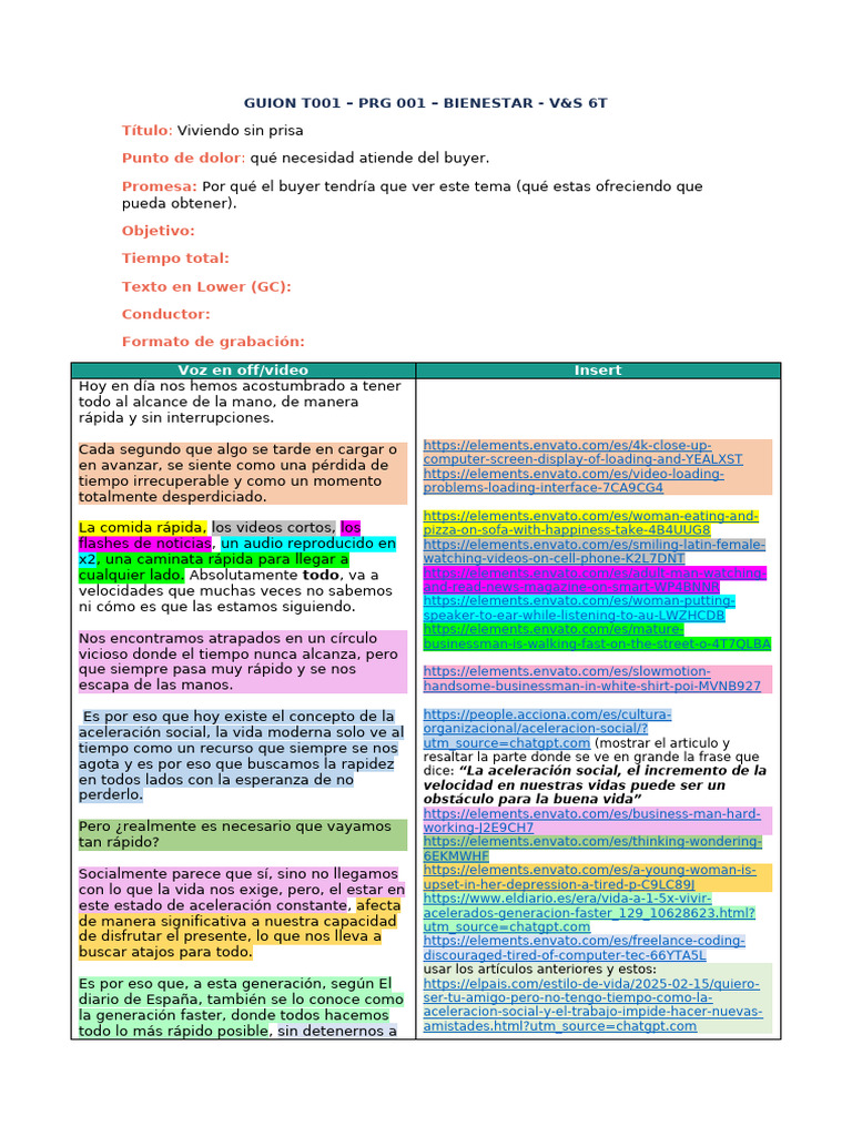 GUION T001 - PRG 001 - Viviendo Sin Prisa | PDF | Percepción
