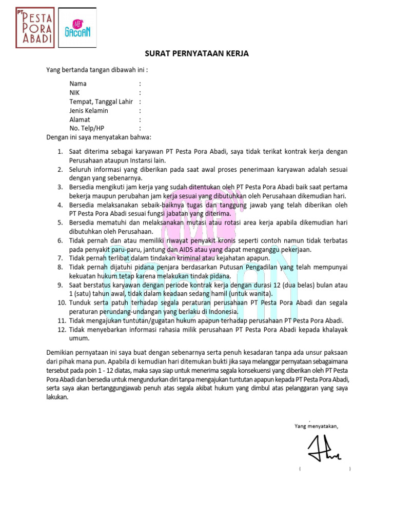 REV LEGAL (MASTER) Surat Pernyataan Kerja | PDF