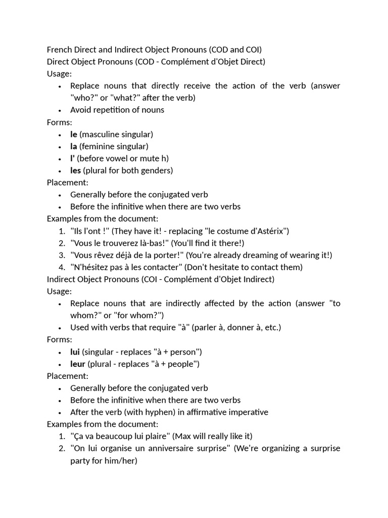 French Direct and Indirect Object Pronouns | PDF | Verb | Grammatical ...