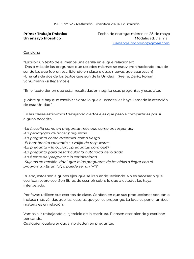 Reflexión Filosófica de La Educación - TP 1 - Consigna - IsFD 52 | PDF