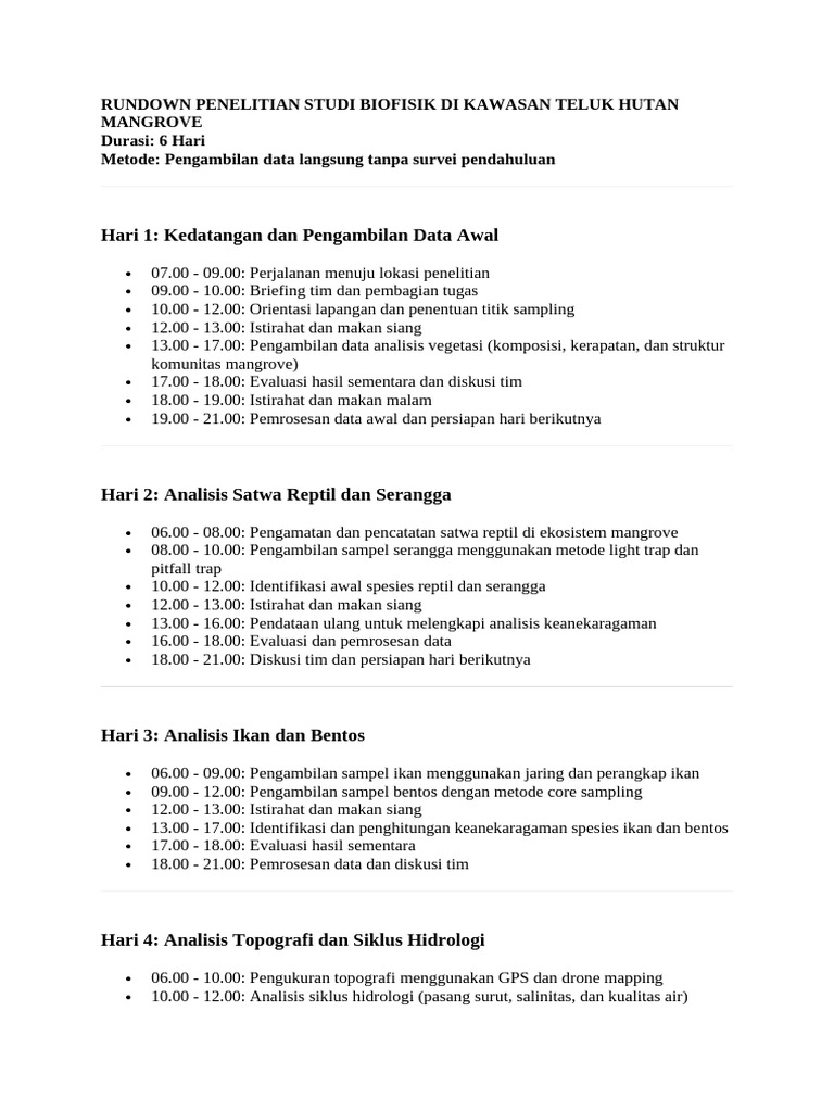 Rundown Penelitian Studi Biofisik Di Kawasan Teluk Hutan Mangrove | PDF
