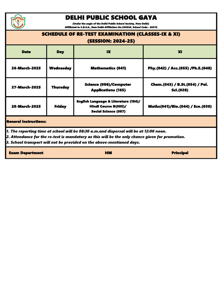 Schedule of Re-Test Examination (Classes-Ix & Xi) (Session 2024-25) | PDF