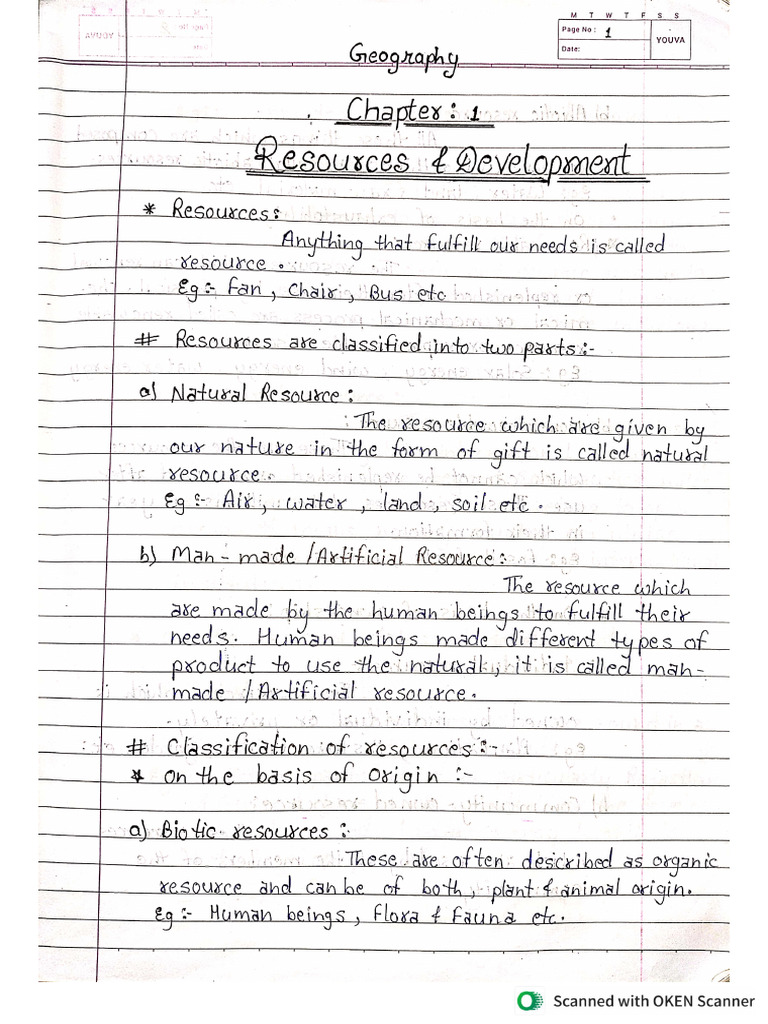 Resources & Development (X) Hand Written Notes | PDF