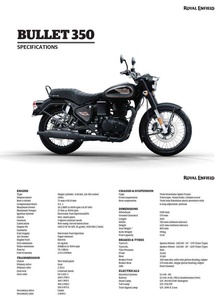 Bullet 350 Specifications Overview | PDF | Manual Transmission | Horsepower