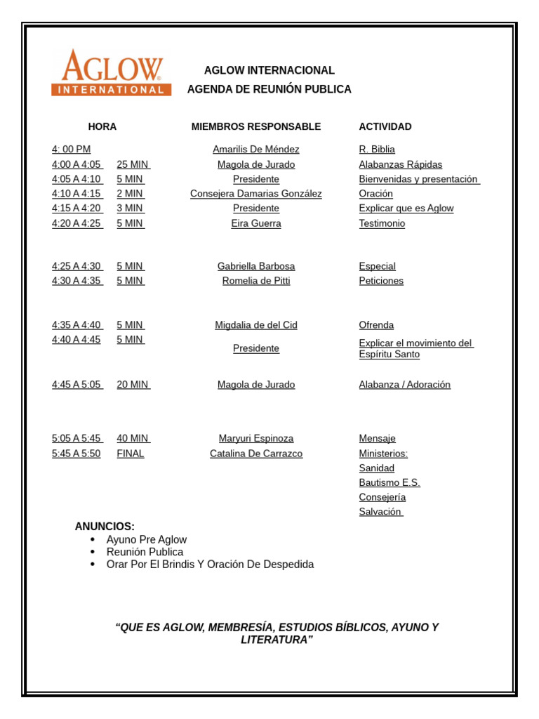 Aglow Internacional Agenda | PDF