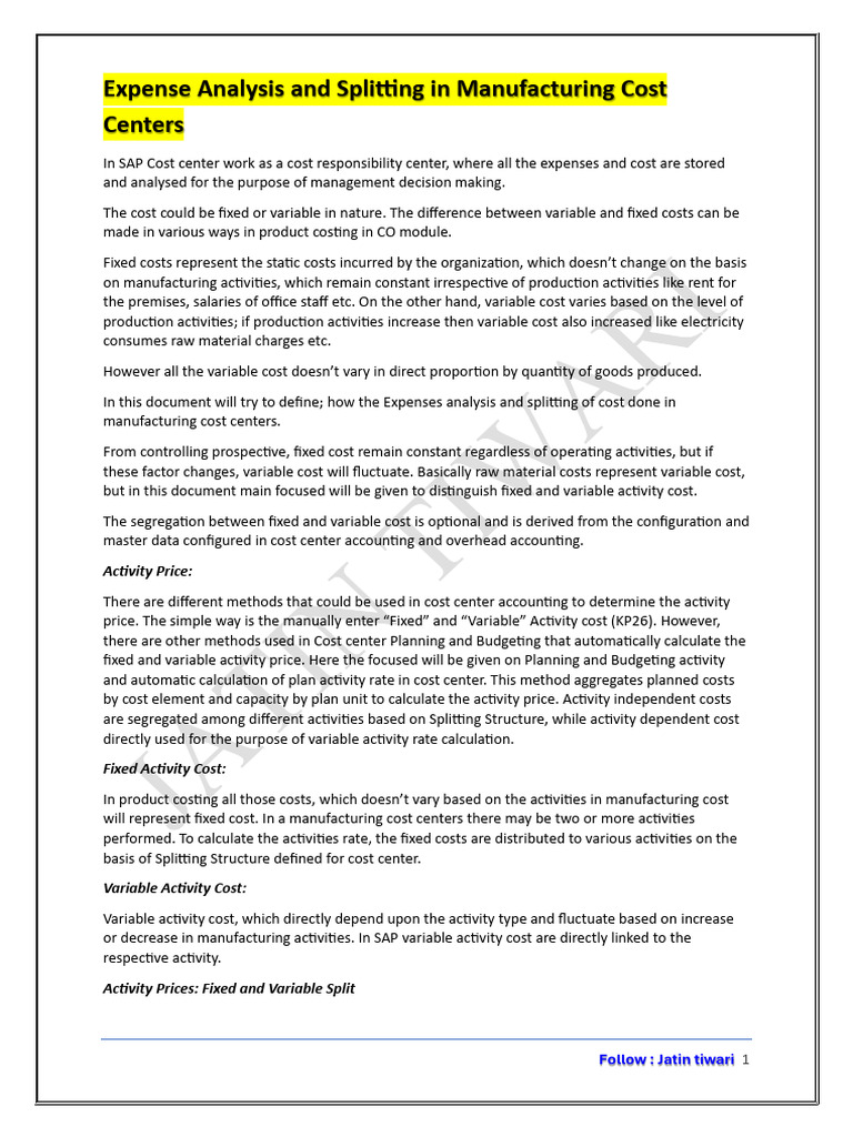 Expense Analysis and Splitting in Manufacturing Cost Centers | PDF ...