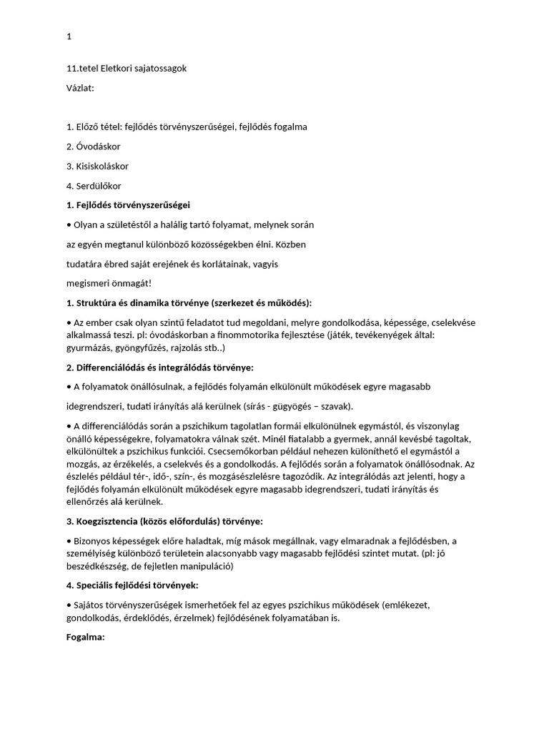 11.Tetel Eletkori Sajatossagok Ovodas Kisiskolas Serdulo | PDF