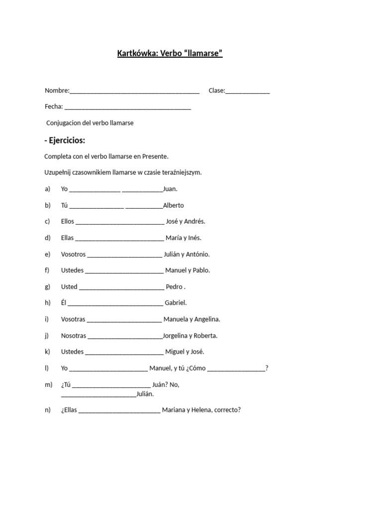 Ejercicios del verbo "llamarse" | PDF