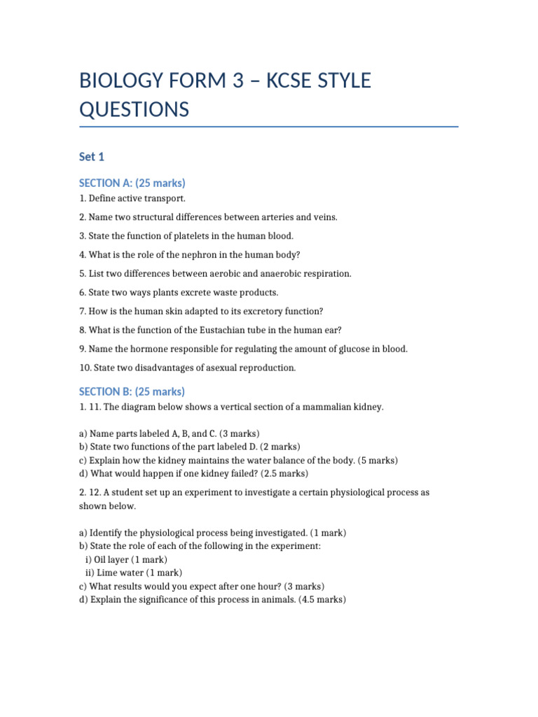 Biology Form 3 KCSE Style Questions Set 1 | PDF