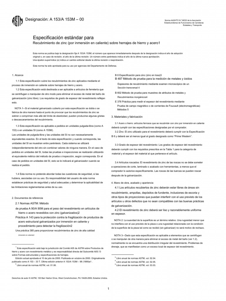 Astm A 153 Galvanizado | PDF | Revestimiento | Zinc