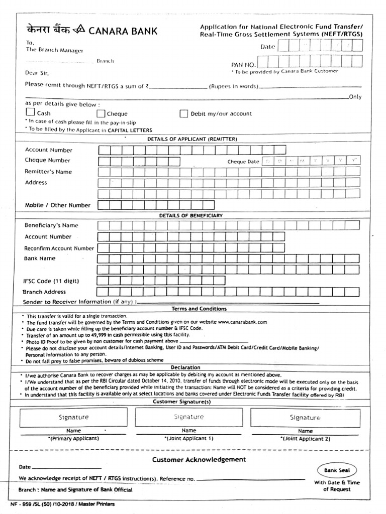 NEFT/RTGS Fund Transfer Application Form | PDF | Financial Services ...