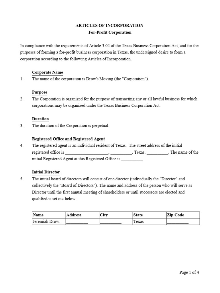 Articles of Incorporation Jeremiah Drow | PDF | Liquidation | Articles ...
