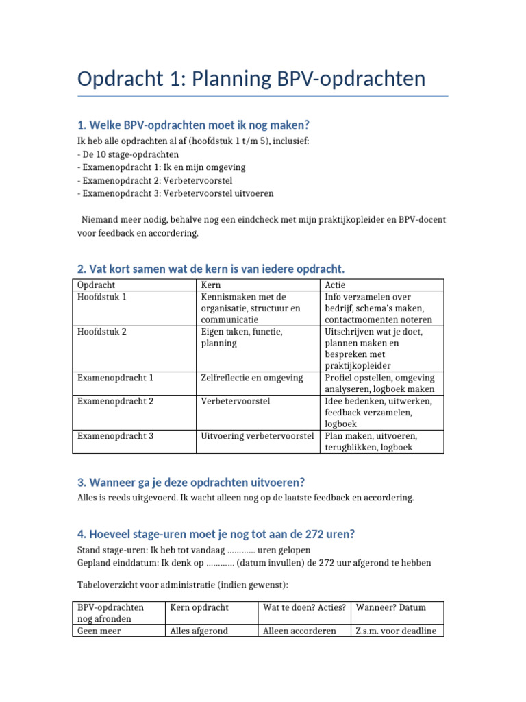 Opdracht 1 Planning BPV | PDF