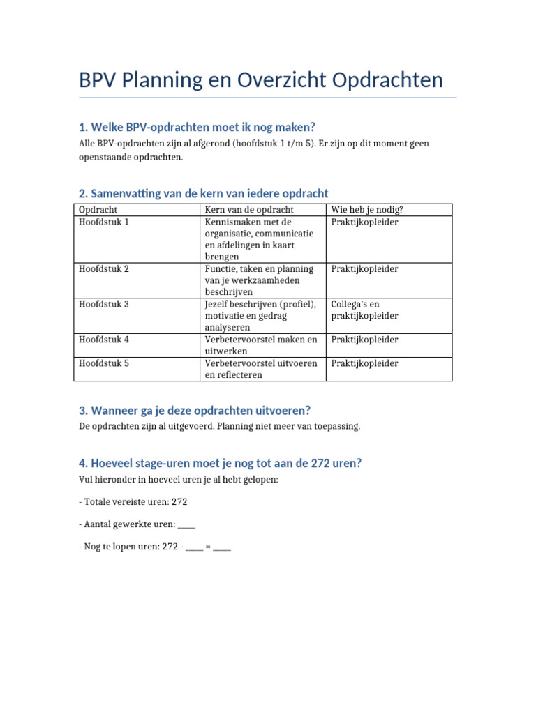 BPV Overzicht Opdrachten | PDF