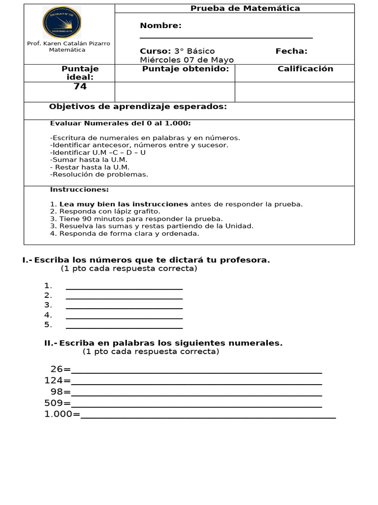 Prueba de Matemática Unidad 1 New | PDF | Matemáticas