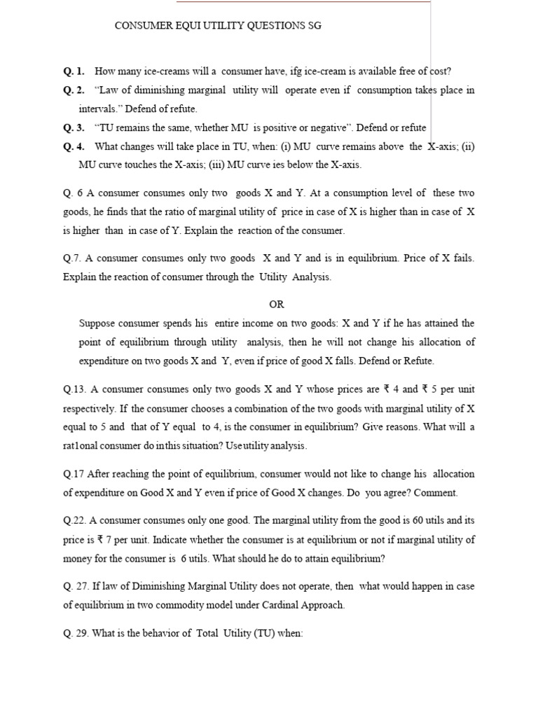 Utility Questions Only SG | PDF | Utility | Marginal Utility