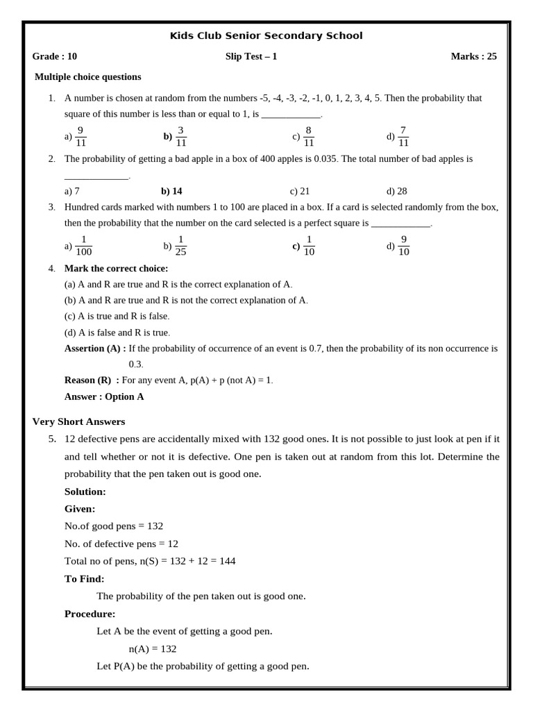 Slip Test - 1 Probability Answer Key | PDF | Multiple Choice ...