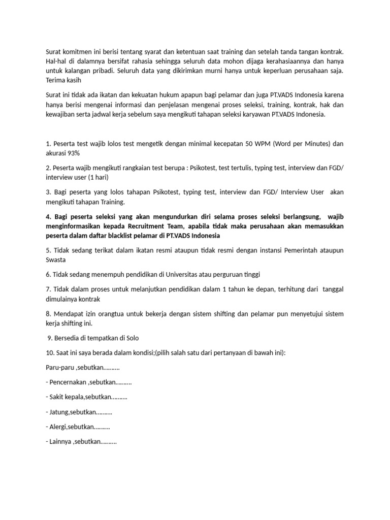 Proses Seleksi dan Training PT VADS Indonesia | PDF