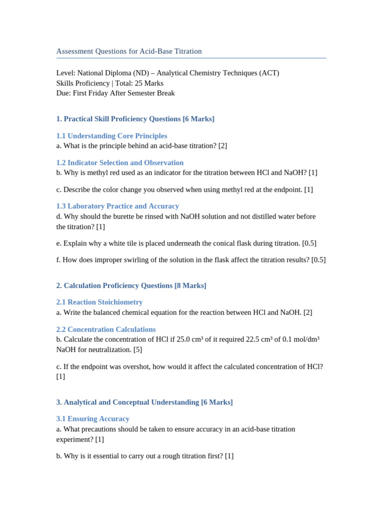 Titration Assessment ND Level | PDF | Titration | Chemistry