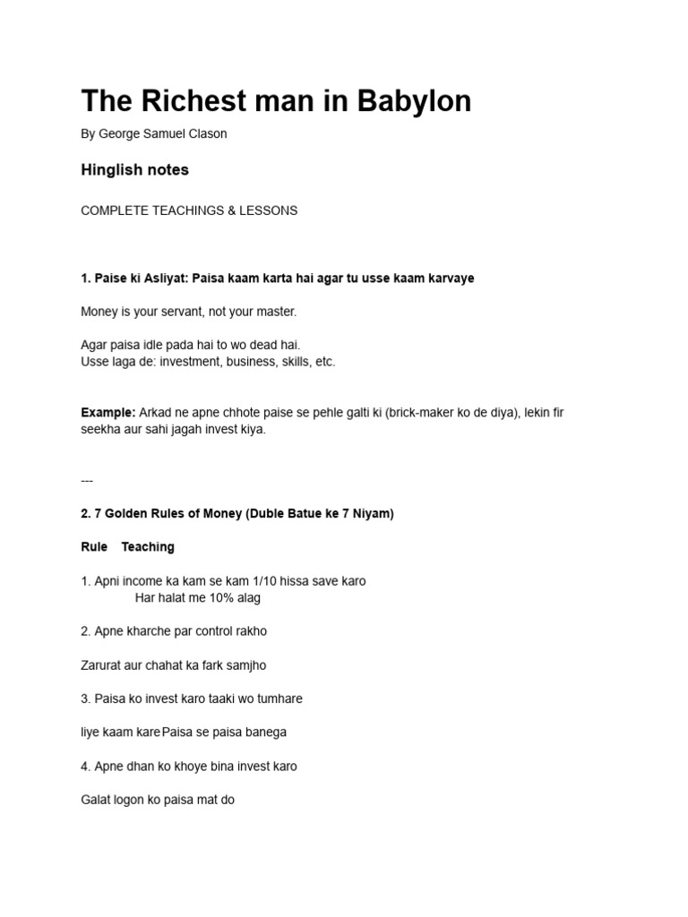 The Richest Man in Babylon Hinglish Notes | PDF | Foreign Exchange ...