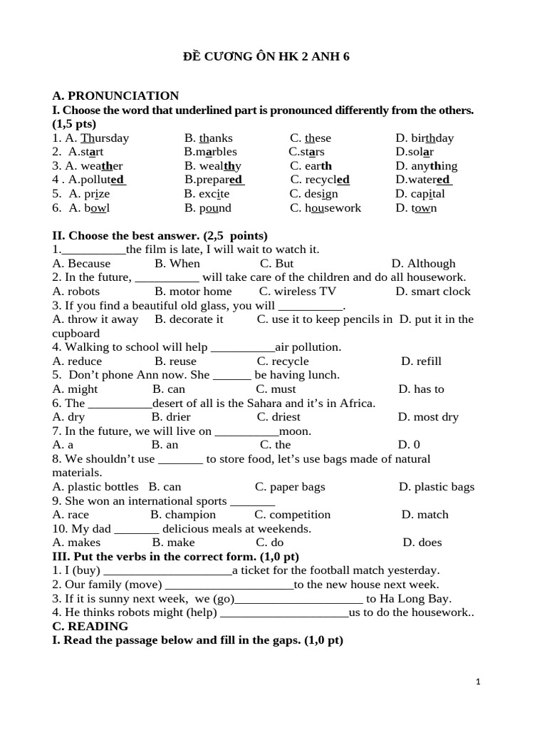 Đề Cương Ôn Học Kỳ 2 Anh 6 | PDF | Recycling | Radio Frequency Identification