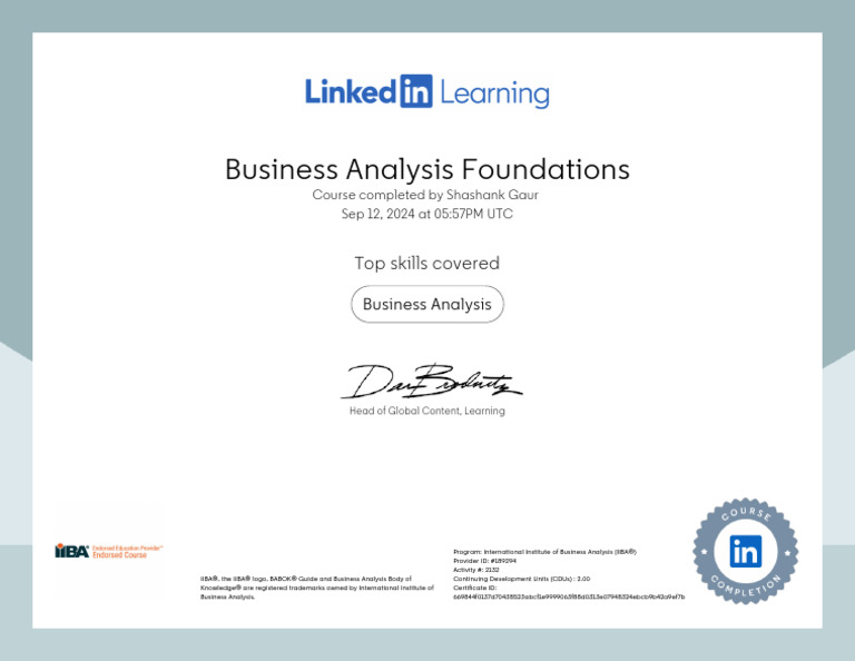 CertificateOfCompletion - Business Analysis Foundations | PDF