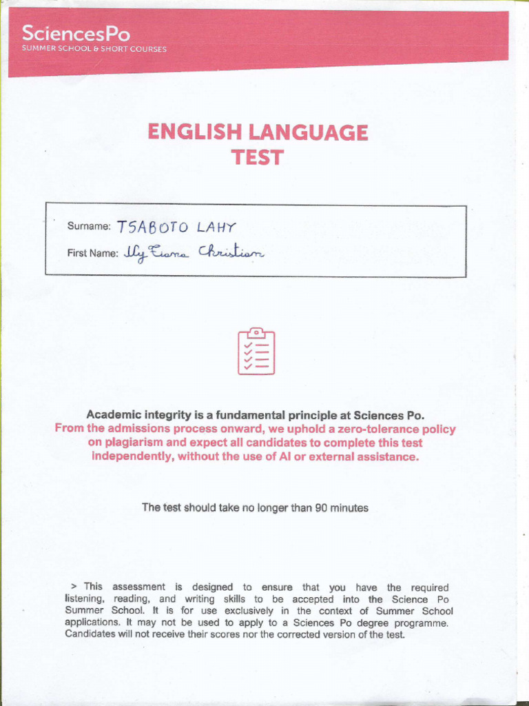 Language - Test - Summer School | PDF