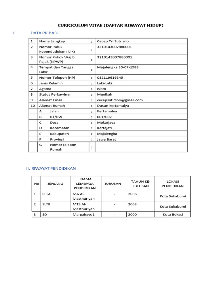 CV Cecep Tri Sutrisno: Riwayat Hidup | PDF