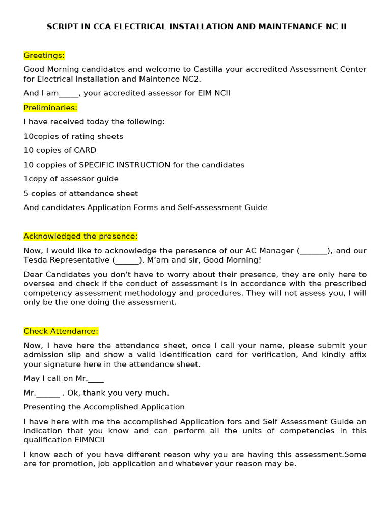 EIM NC II Assessment Procedure Guide | PDF | Electrical Wiring ...