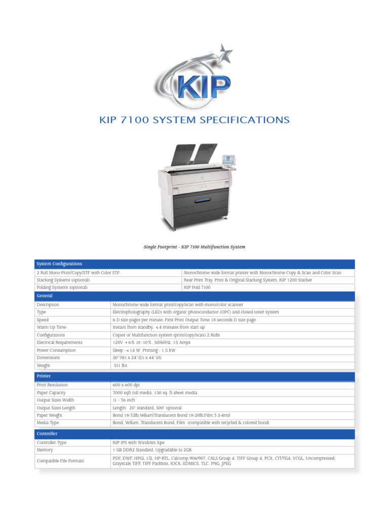 KIP 7100 Specification Sheet | PDF | Printer (Computing) | Graphic Design