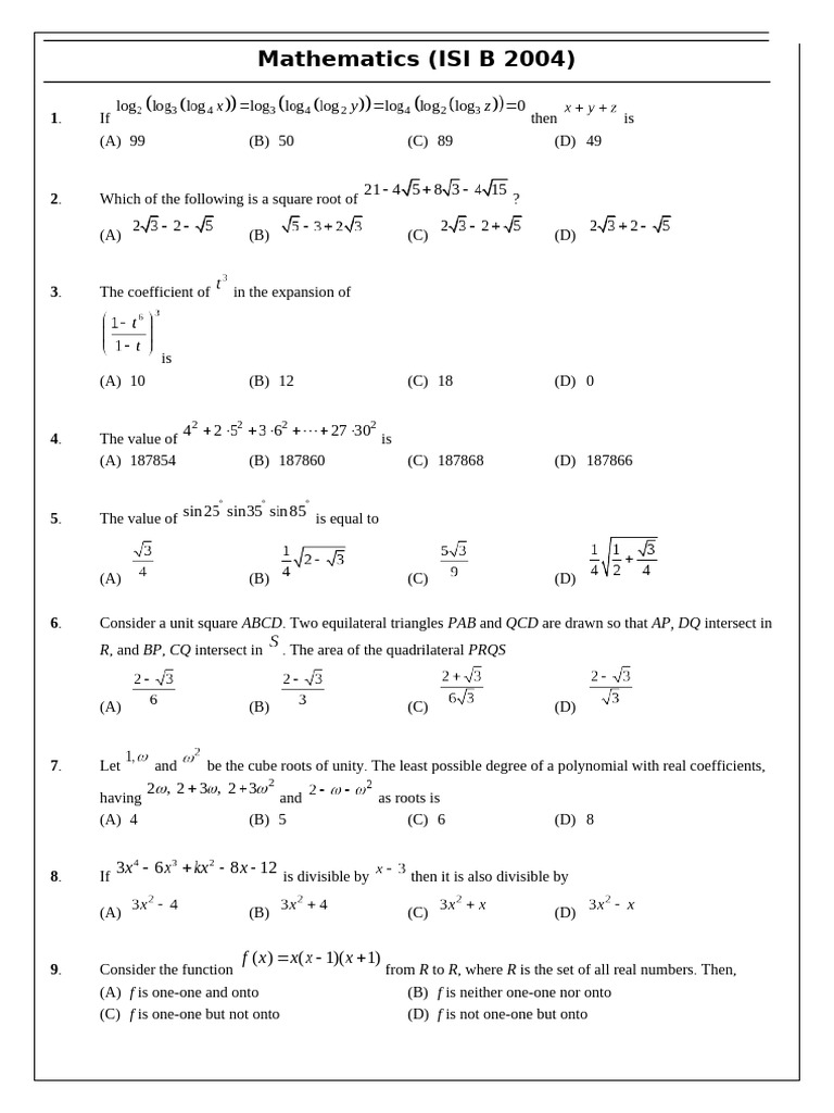 ISI B 2004 Mathematics Questions | PDF | Line (Geometry) | Function ...