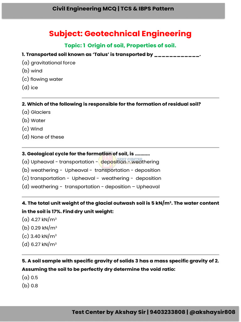 Civil Engineering Geotechnical MCQs | PDF | Porosity | Soil