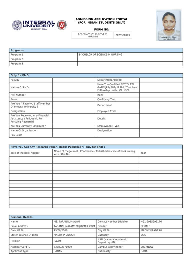Tarannum Alam Application Form | PDF