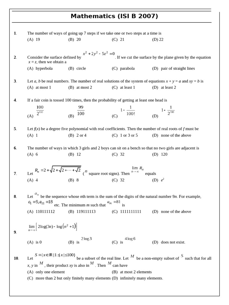 6 - DPP - Math QBank - ISI B MATH PYQ-2007 | PDF | Complex Number | Numbers