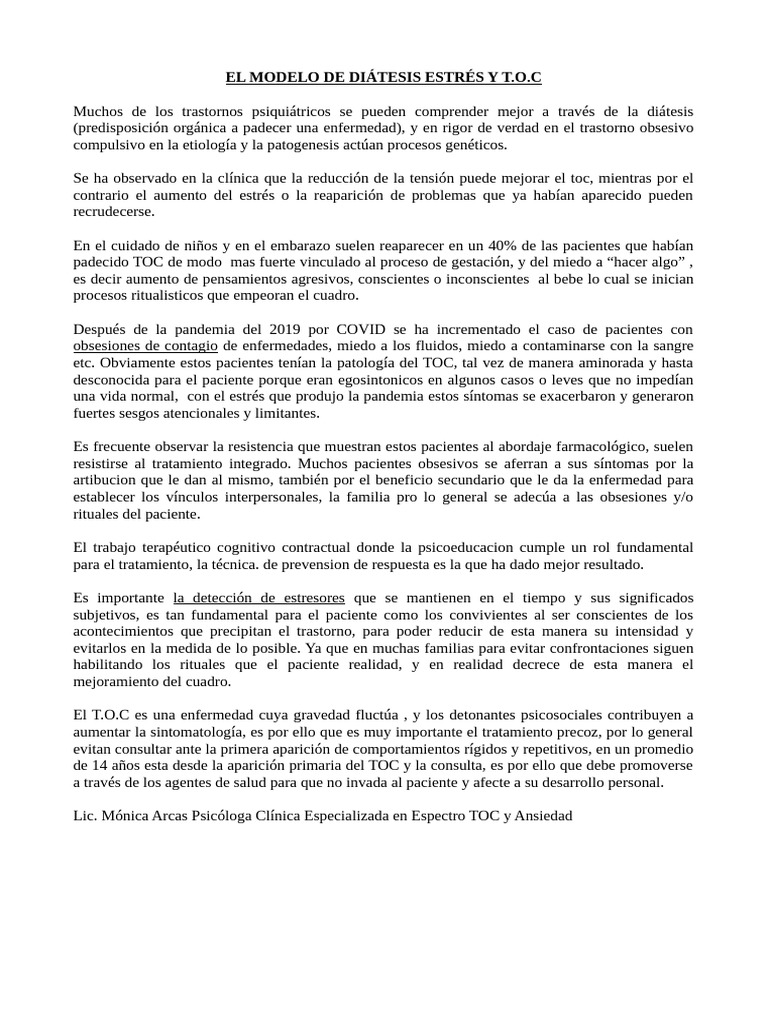 Modelo Diátesis-Estrés en TOC | PDF | Desorden obsesivo compulsivo ...