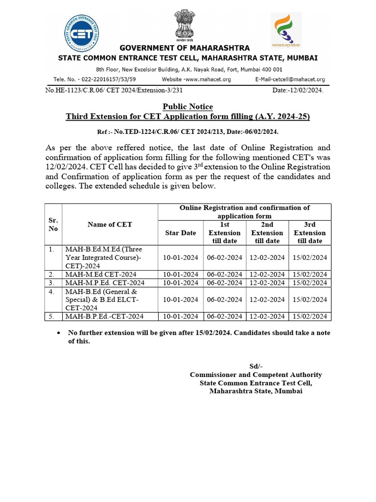 Third Extension Notice - Higher Edu CET 2024 | PDF