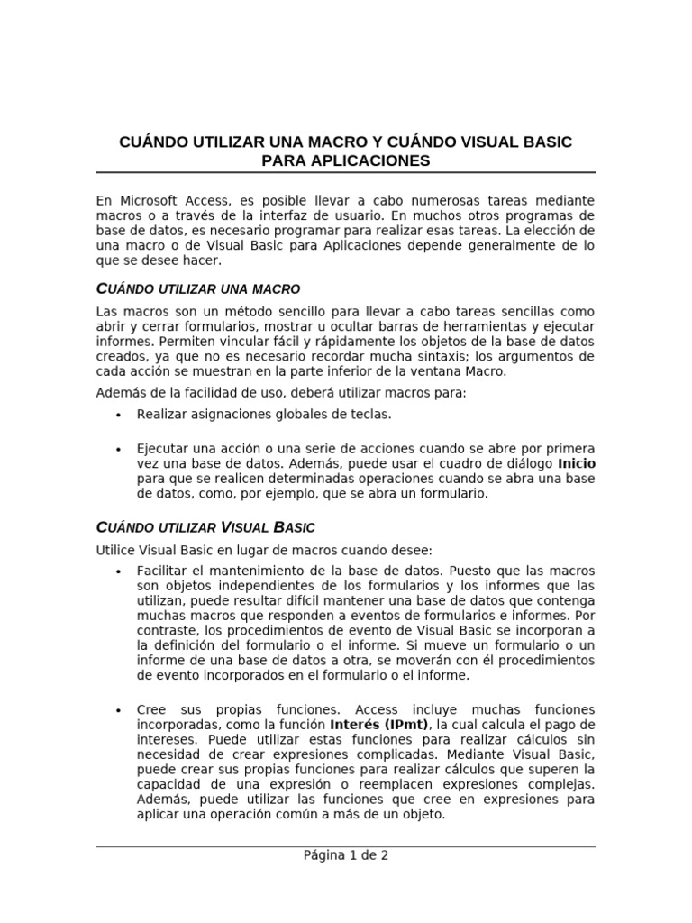Cuándo Utilizar Una Macro y Cuándo Visual Basic para Aplicac | PDF | Macro (informática) | Básico