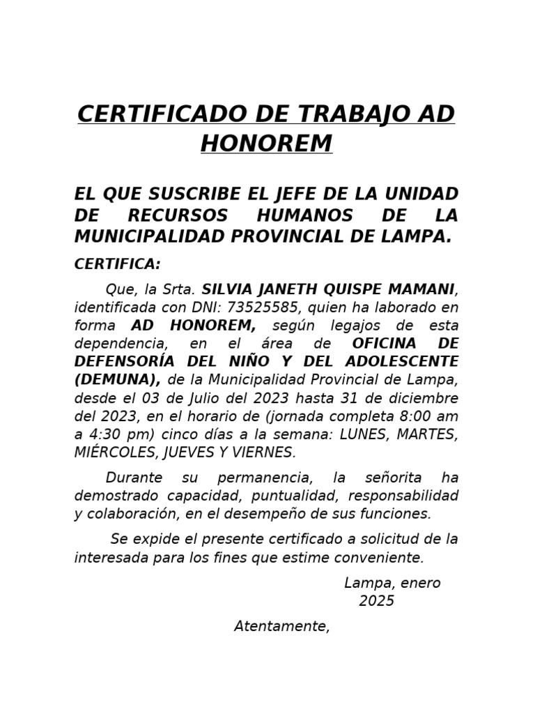 Certificado de Trabajo Ad Honorem | PDF